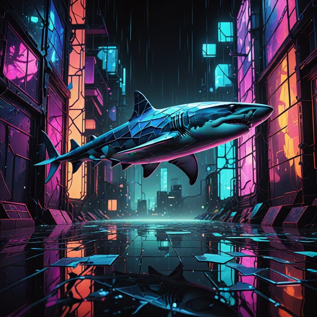 Surreal Cyberpunk Shark in Vibrant Neon Cityscape - AI Art