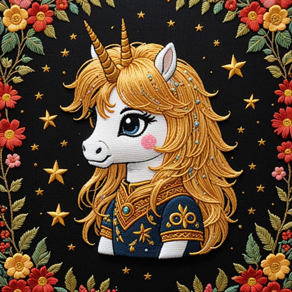 Vibrant GOLD Chibi Unicorn Embroidered in Intricat... - AI Art
