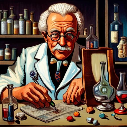 Old mad or insane scientist, with his test tubes in his laboratory ...