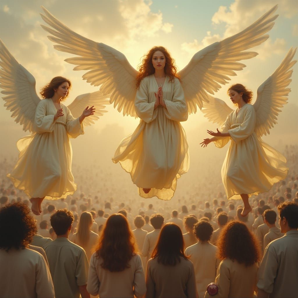 Angels Hovering Over People in Pre-Raphaelite Styl... - AI Art
