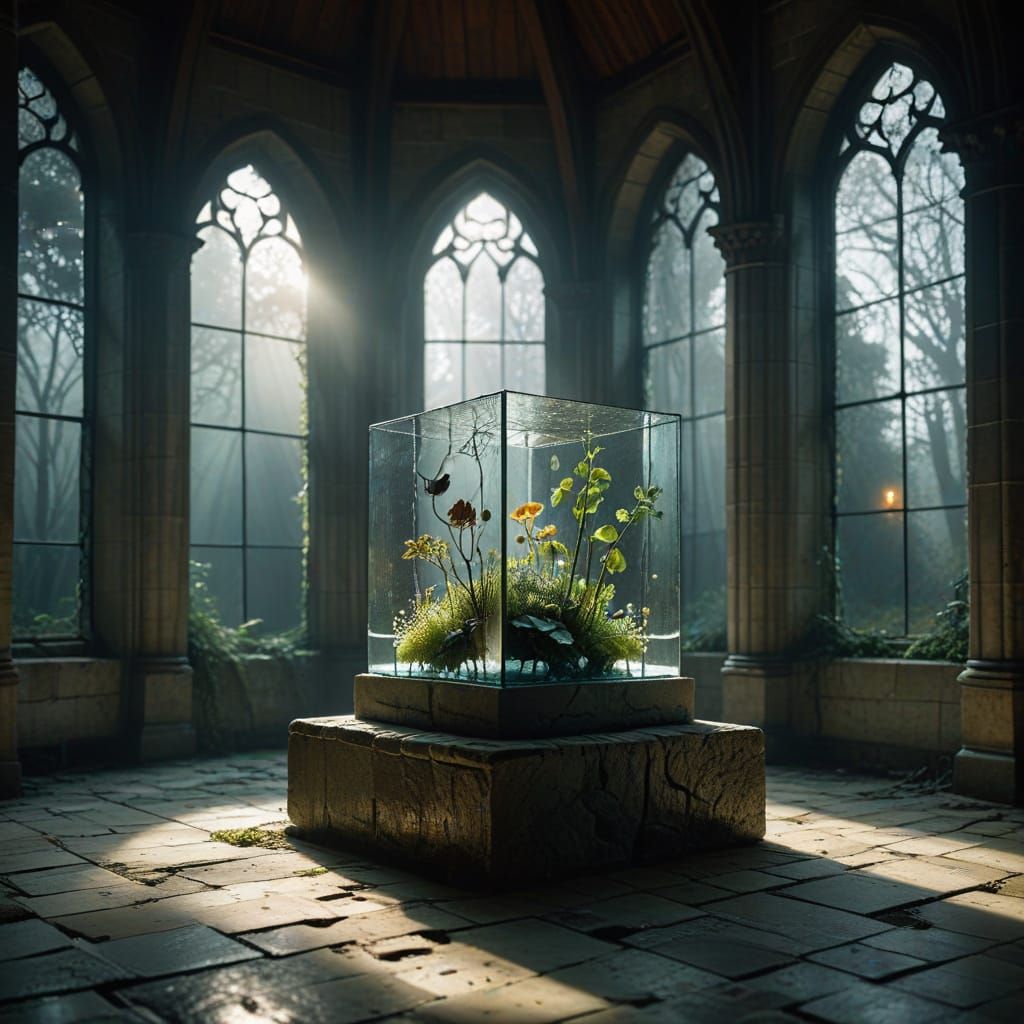 Surreal Gothic Castle Cube in Dramatic Spotlight - AI Art