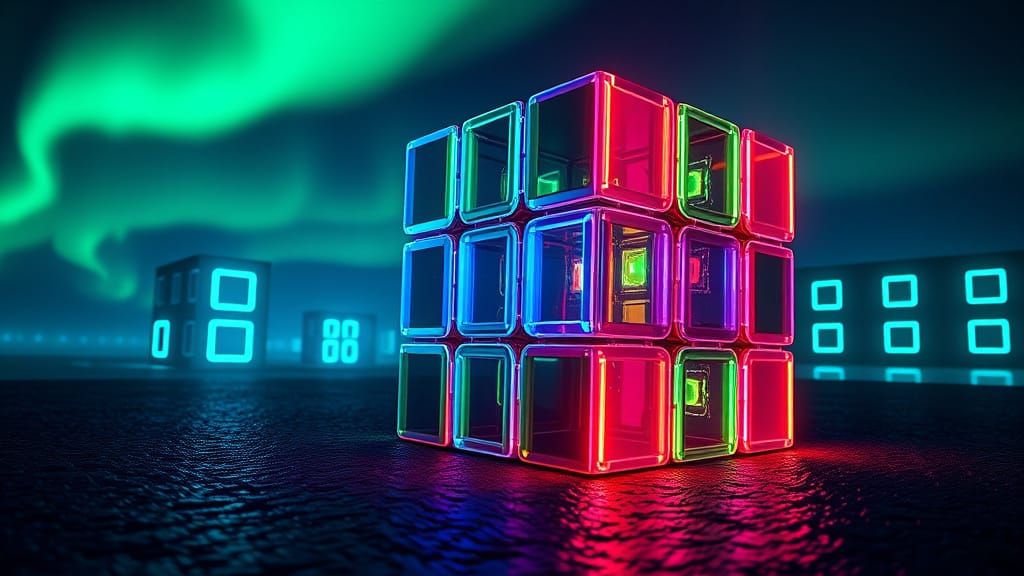 Primer plano de un cubo de Rubik Neon