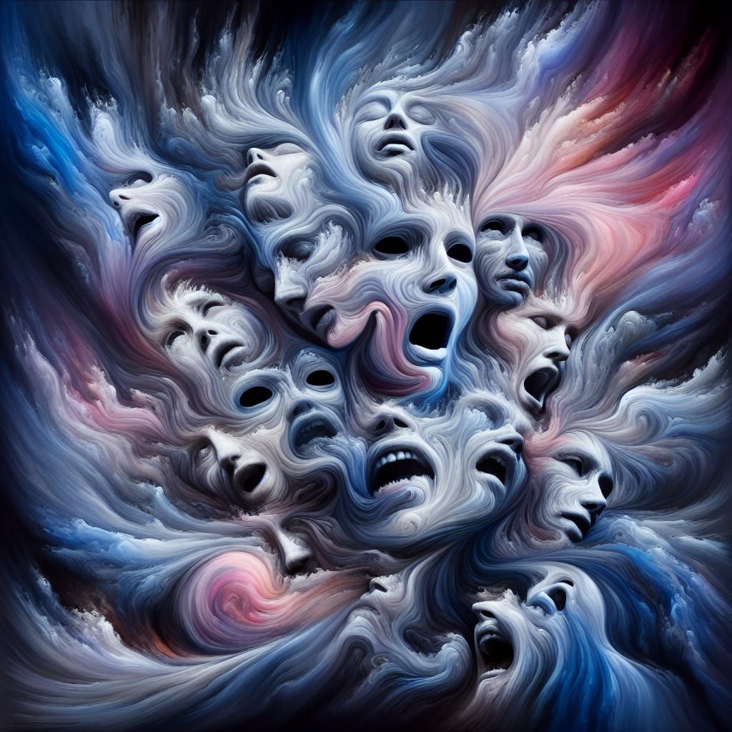 It is a surreal artwork depicting faces emerging from shadowy, twisting ...