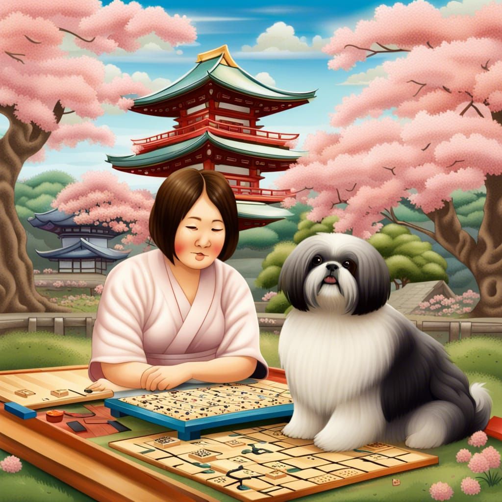 Chubby beautiful japanese woman sitting in a garden playing shogi, a ...