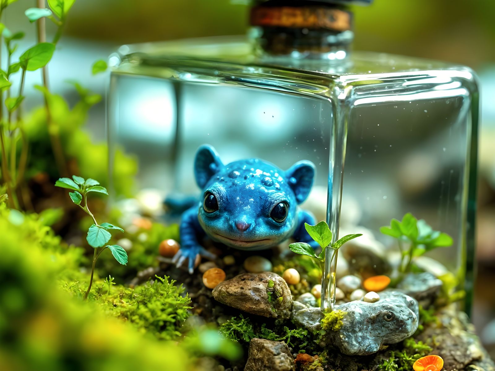 A close up of a single blue translucent adorable cutest chibi axolotl ...