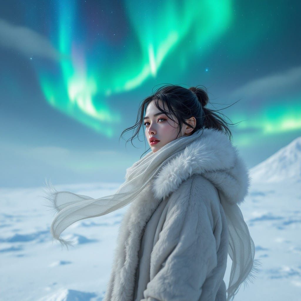 “Reol, standing alone on a vast white snowfield, with the northern ...