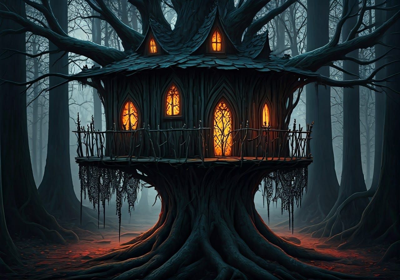 Gothic Treehouse in a Haunted Forest, with Cinemat... - AI Art