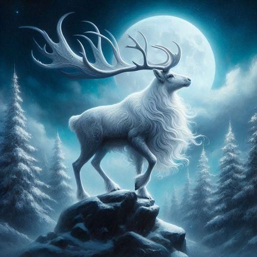 White Stag and Moon - Mythical White Stag Illuminated by a D...