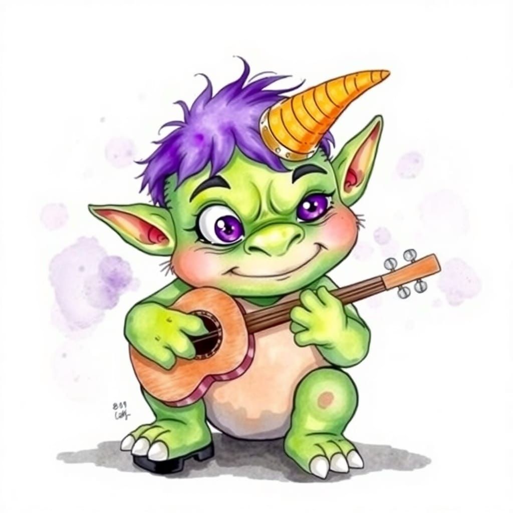 Cute one horned ogre playing music on his guitar