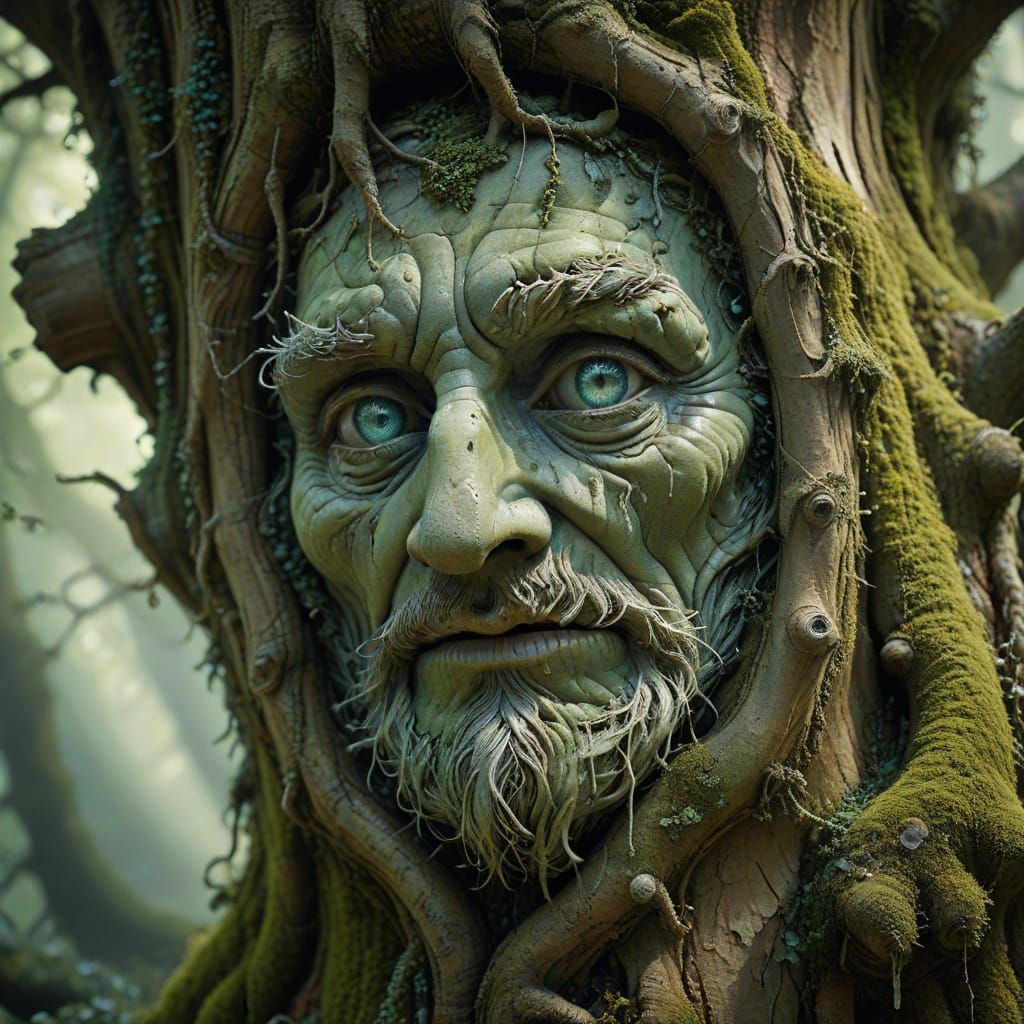 knotholes in the trunk of a tree and some gray moss hanging down ...