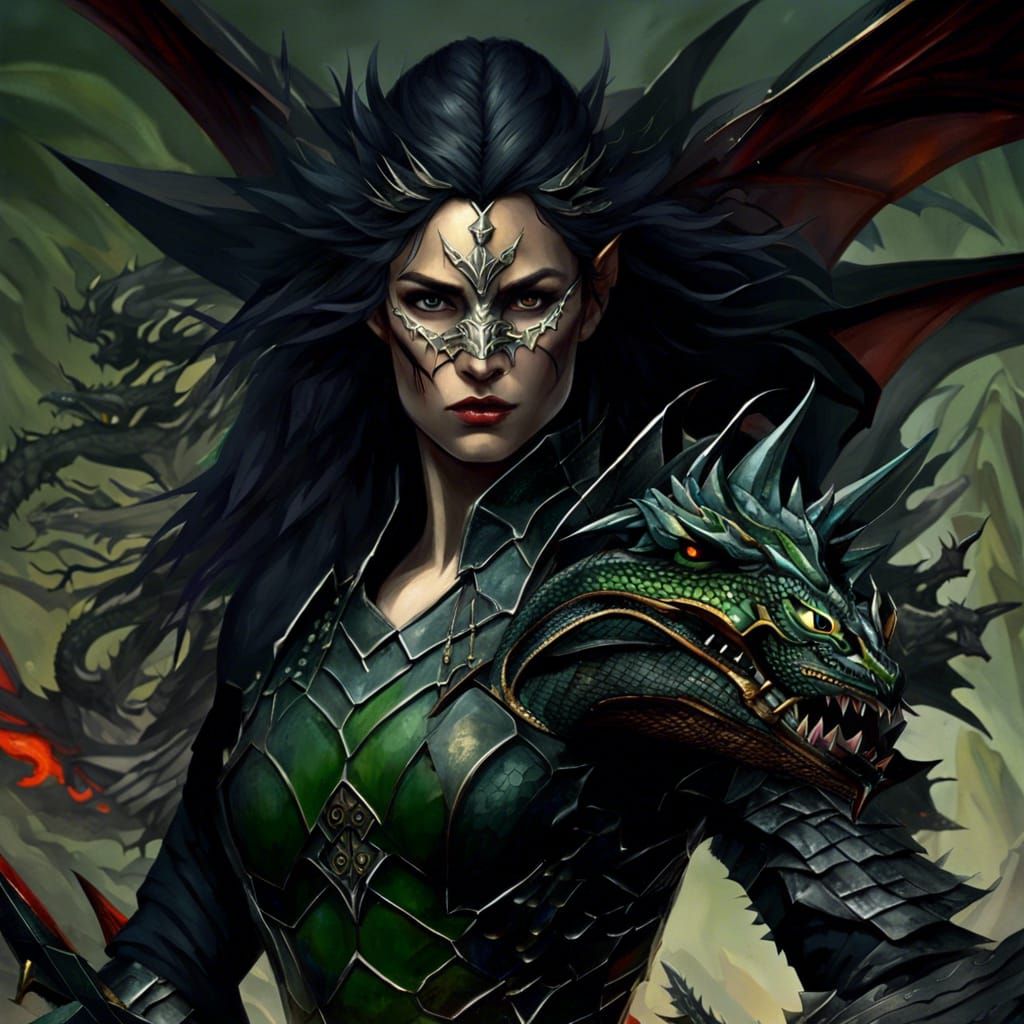 Une femme guerrière, reine des dragons, de longs cheveux noirs, une ...