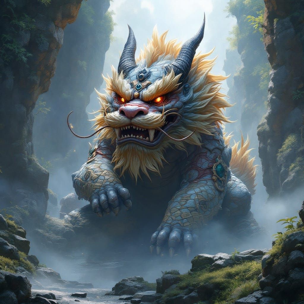Ancient Stone Komainu in Fantasy Art Style - AI Art