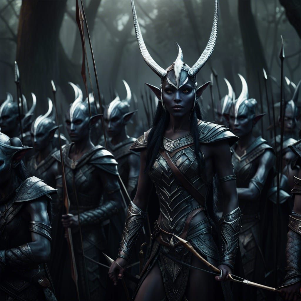 dozens of dark elves with dark skin and white eyes, pointy ears, and ...
