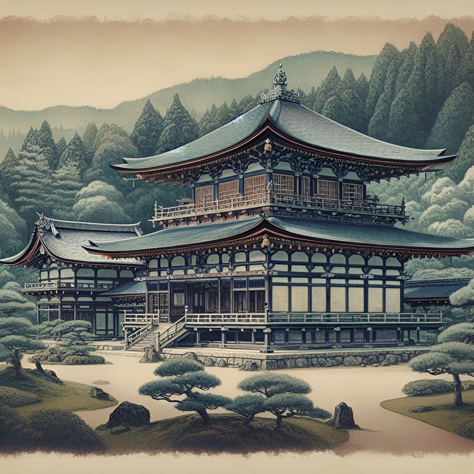 A majestic and intricate Japanese temple in Kyoto, set in parkland ...