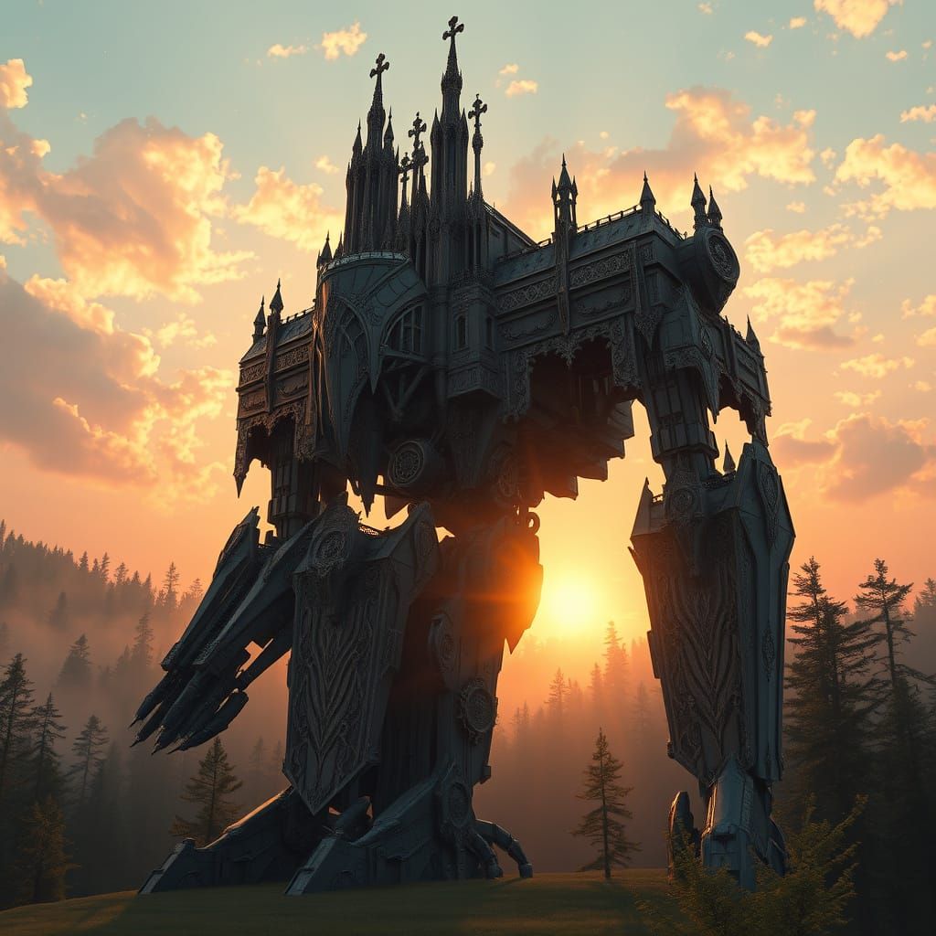 Gothic Mecha Under Golden Sunset - AI Art