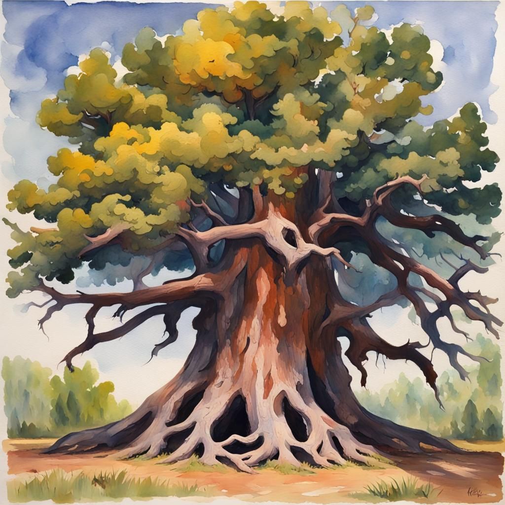 Gouache Masterpiece of a Grumpy Tree in Epic Impre... - AI Art