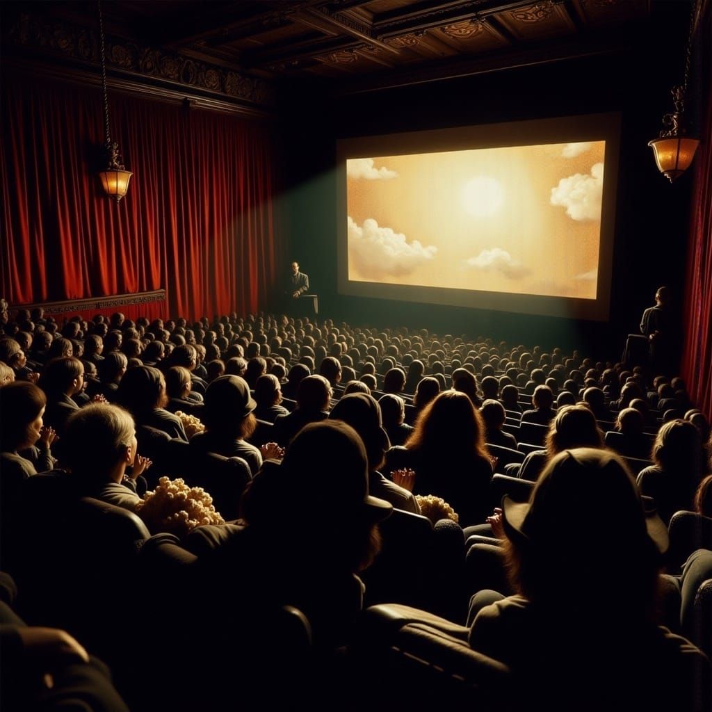 People sitting in cinema, eating pop corn and watc... - AI Art