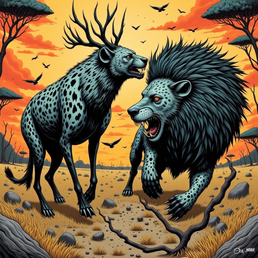 surreal image of a hyena fighting a lion.