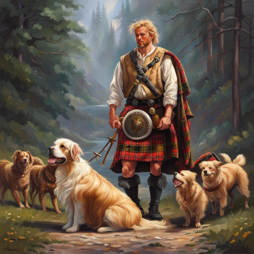 Scottish Highlander walking with dogs - AI Generated Artwork ...