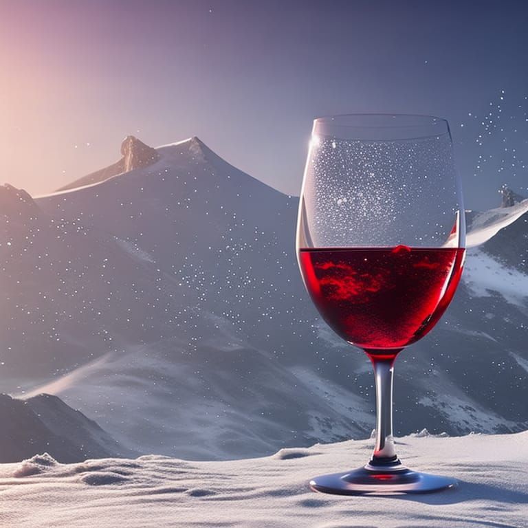 Berry red wine splashes over a snowy celestial landscape. The splash of ...