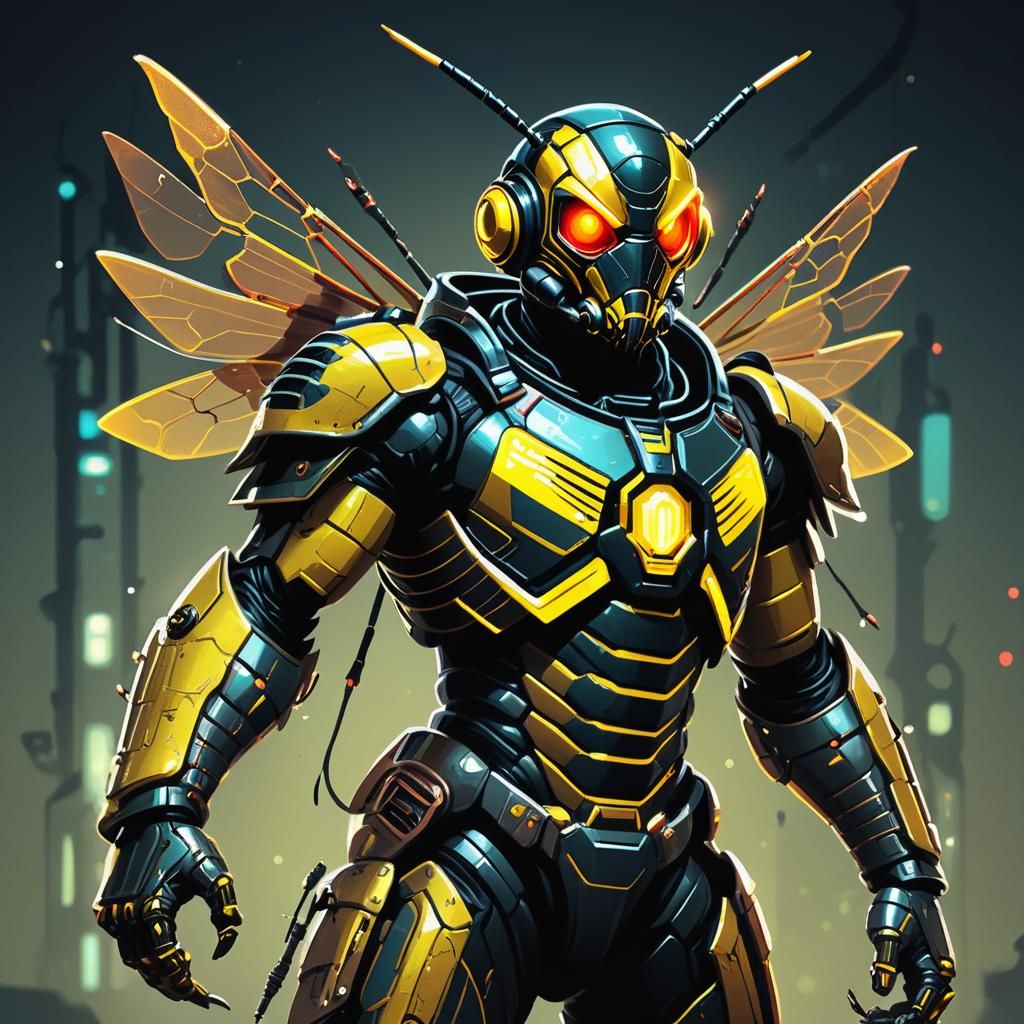 Wasp man in armor with glowing stingers in retro cyberpunk art style ...