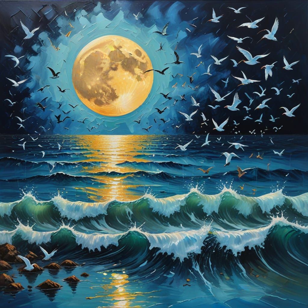 Photo of a sky-blue moon melting into an ocean surrounded by few birds ...
