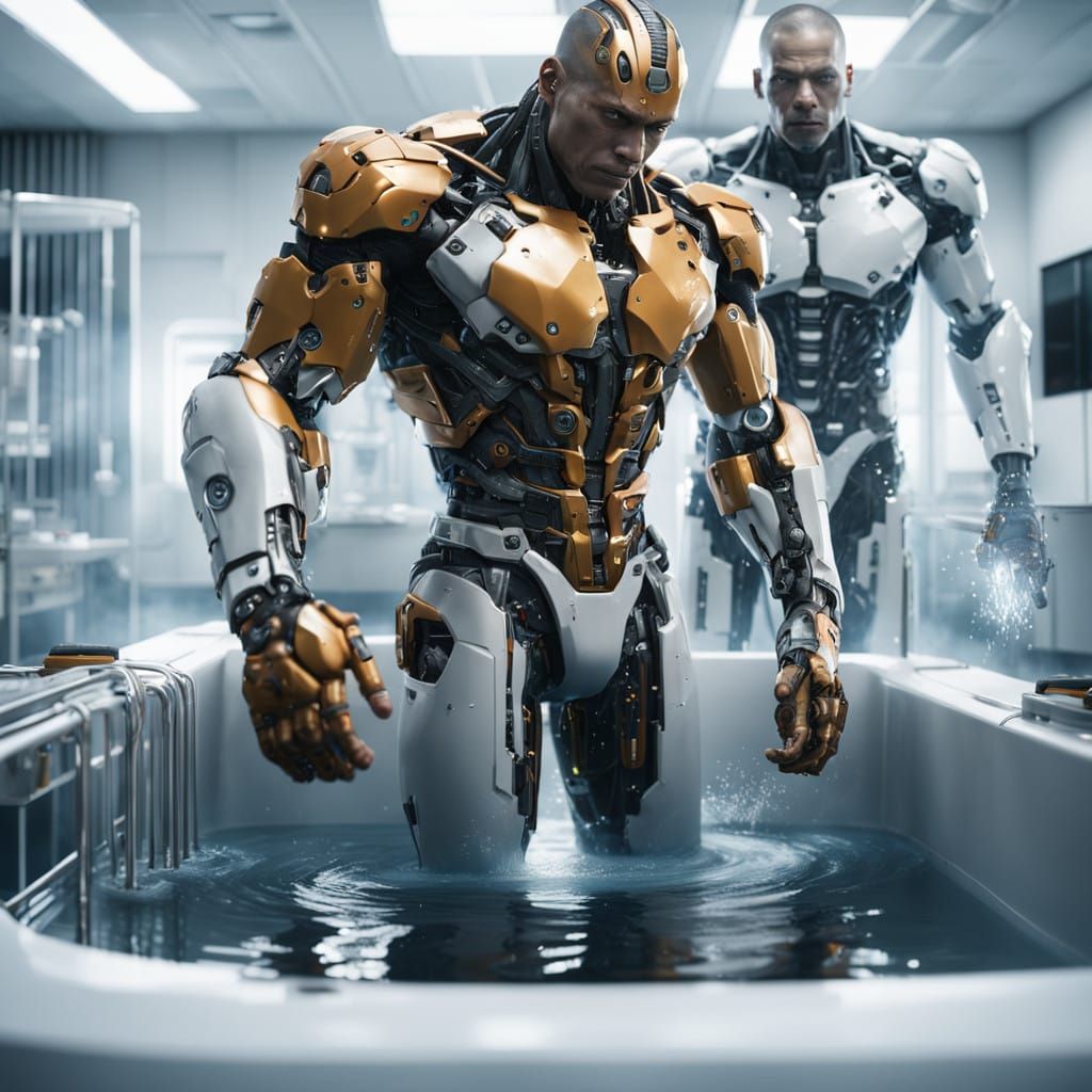 extremely buff cyborg AI standing in a tub of water with electric ...