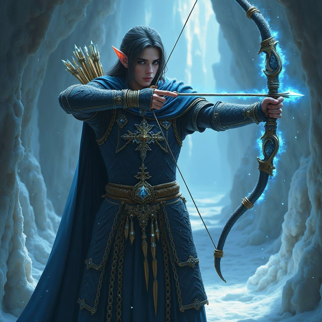 Ethereal Half Elf Archer in Icy Cave Illuminated b... - AI Art