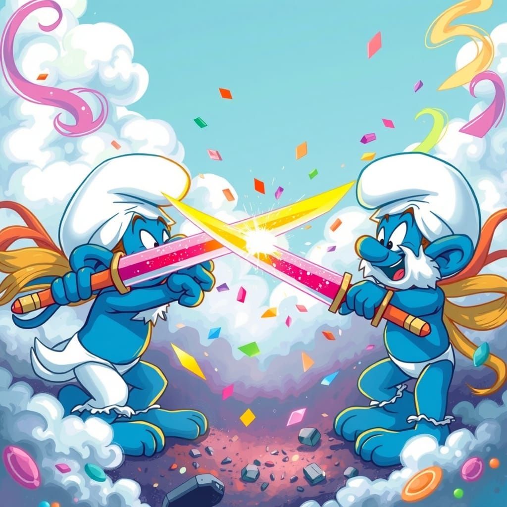 Smurfs Engage in Whimsical Rainbow Sword Battle in... - AI Art