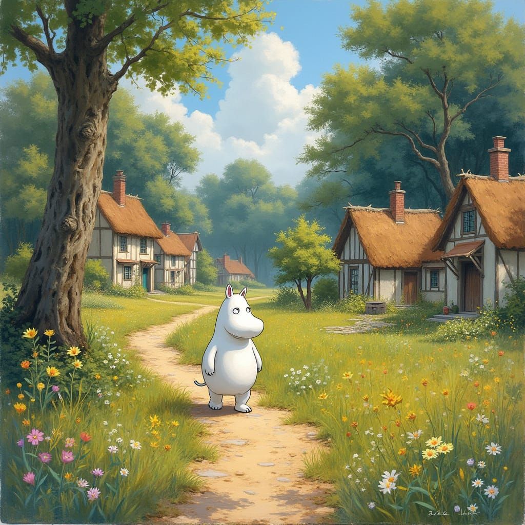 moomin - Moomin in Whimsical Village Landscape