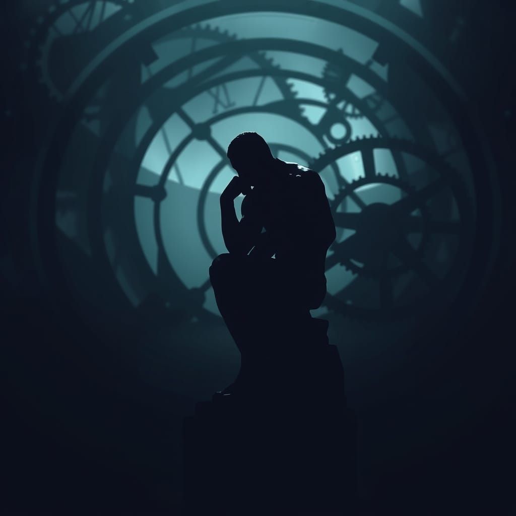 Contemplative Silhouette with Clockwork Gears in D... - AI Art