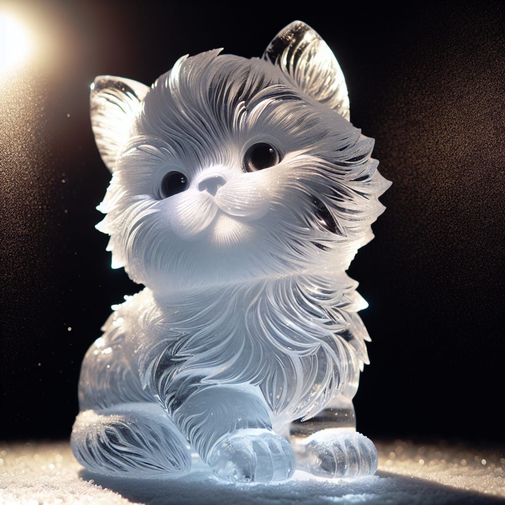 beautiful ice sculpture of a cute adorable fluffy little kitten cub ...