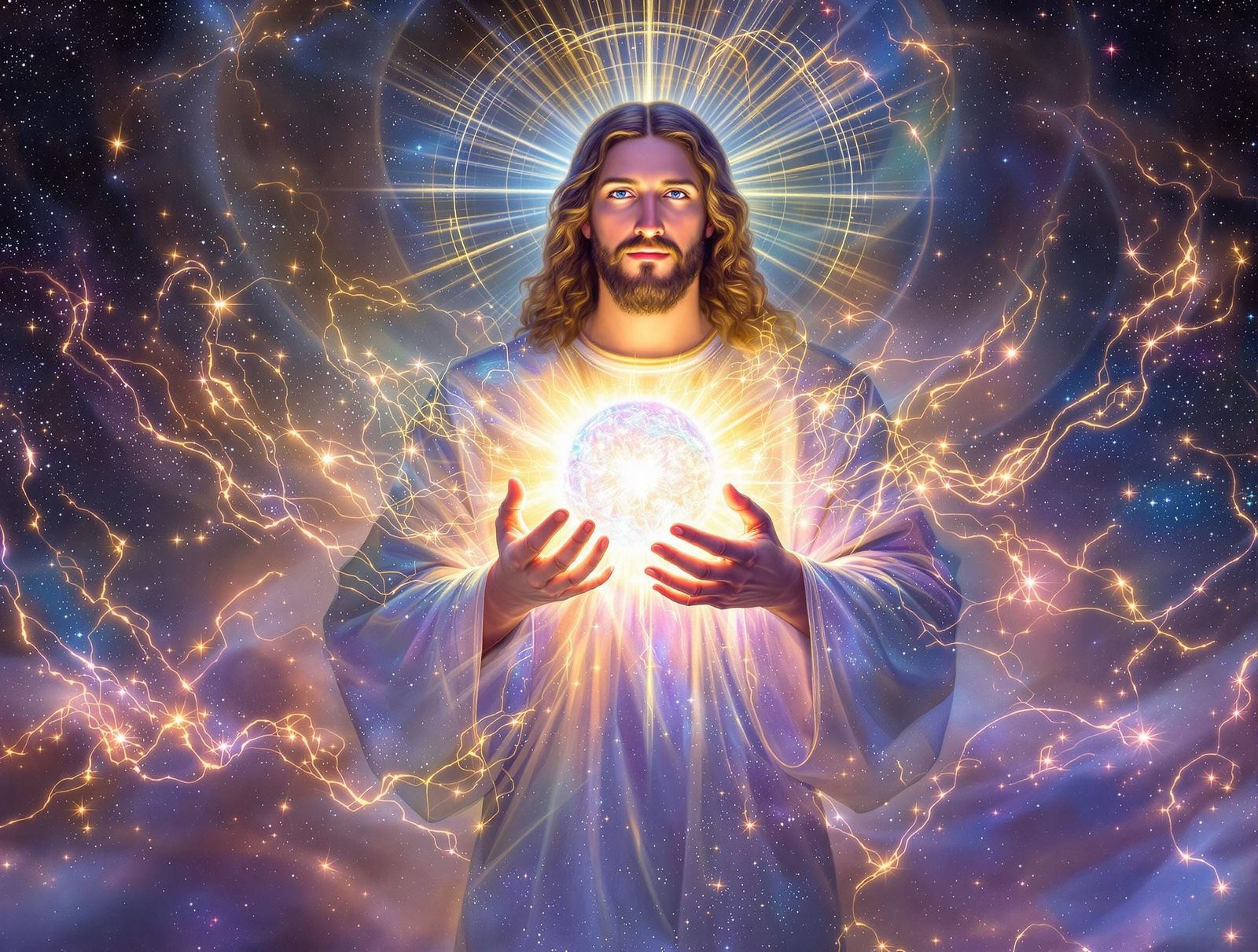 Jesus the Word of God in human form, with piercing, starry eyes ...