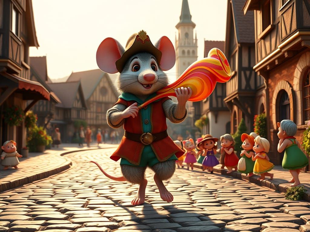 Charming Pied Piper Mouse Dances Amidst Tranced Vi... - AI Art