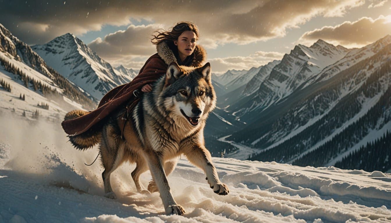 Wild Woman Rides Wolf in Cinematic Snowstorm - AI Art