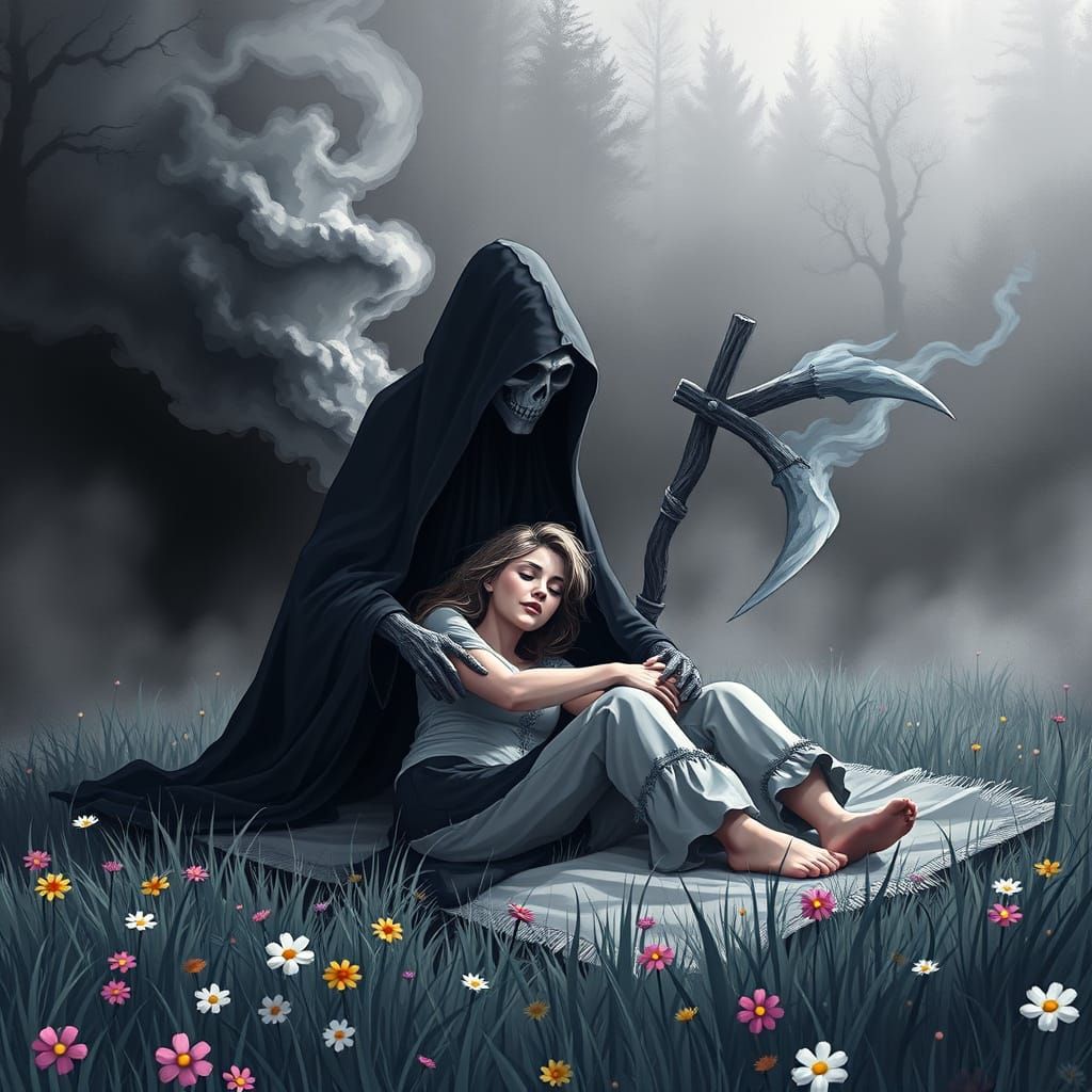A Loving Couple Under Grim Reaper's Watchful Eye i... - AI Art