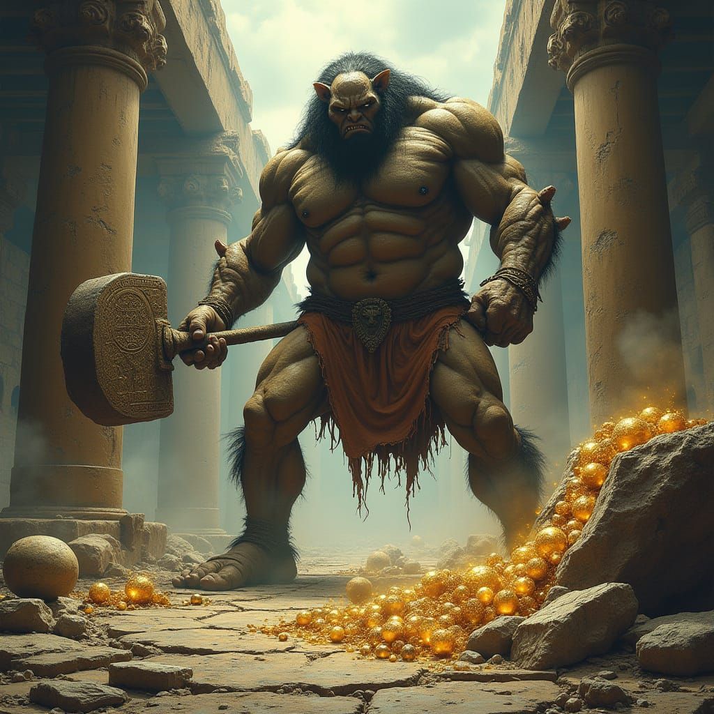 Mighty Cyclops Warrior Stands in Ancient Temple Ru... - AI Art