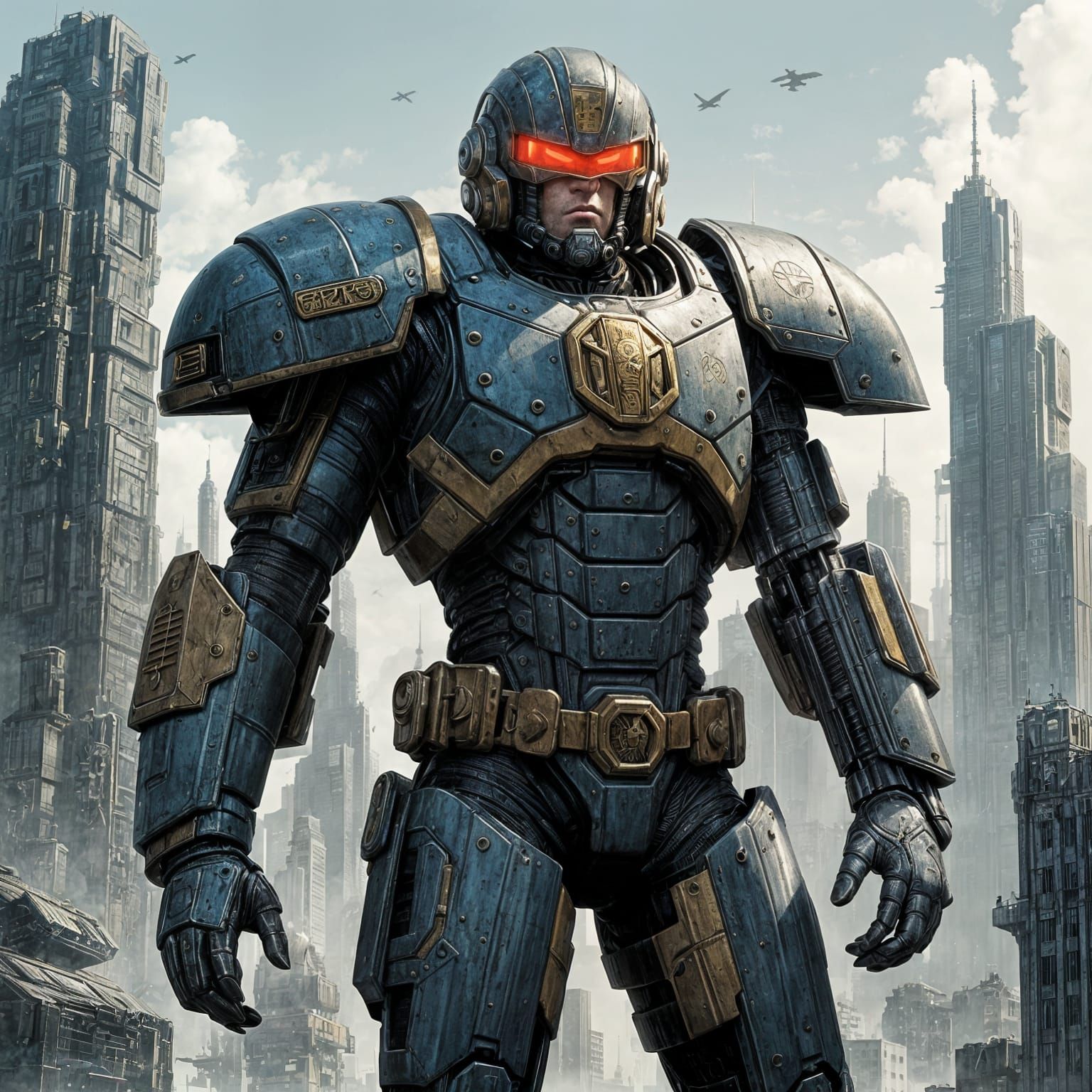 Judge Dredd in imposing power armor,