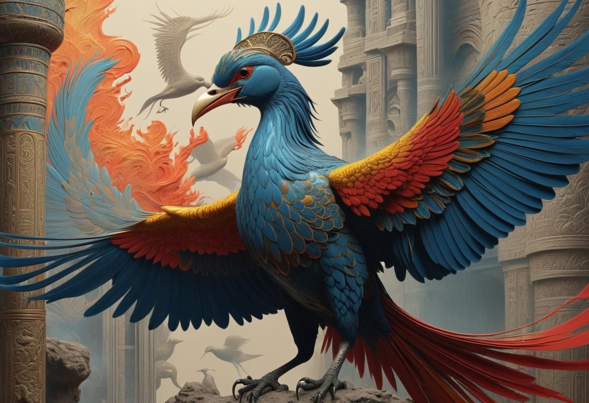 Whimsical tall abstract ANZU a massive bird who can breathe fire. Muted ...