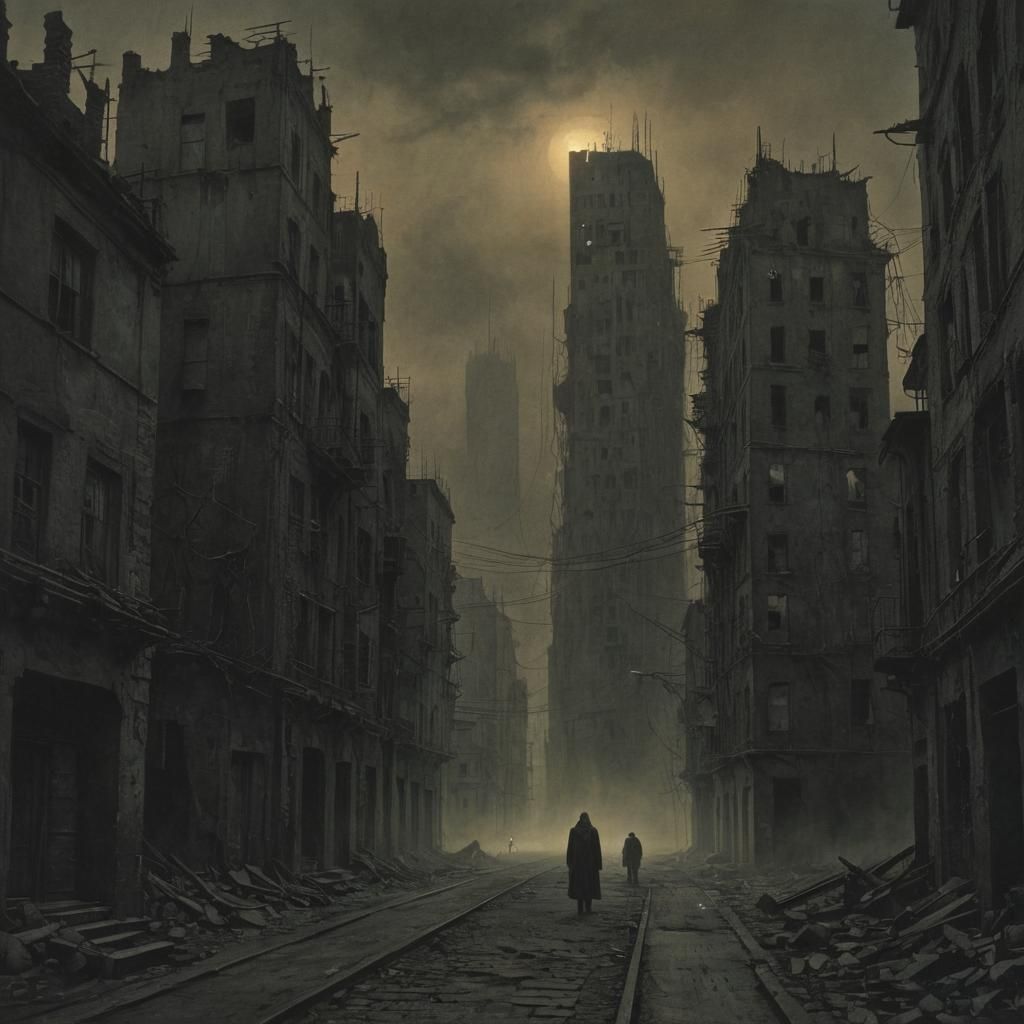 Art by Zdzisław Beksiński, dystopian cityscape, post-apocalyptic world ...