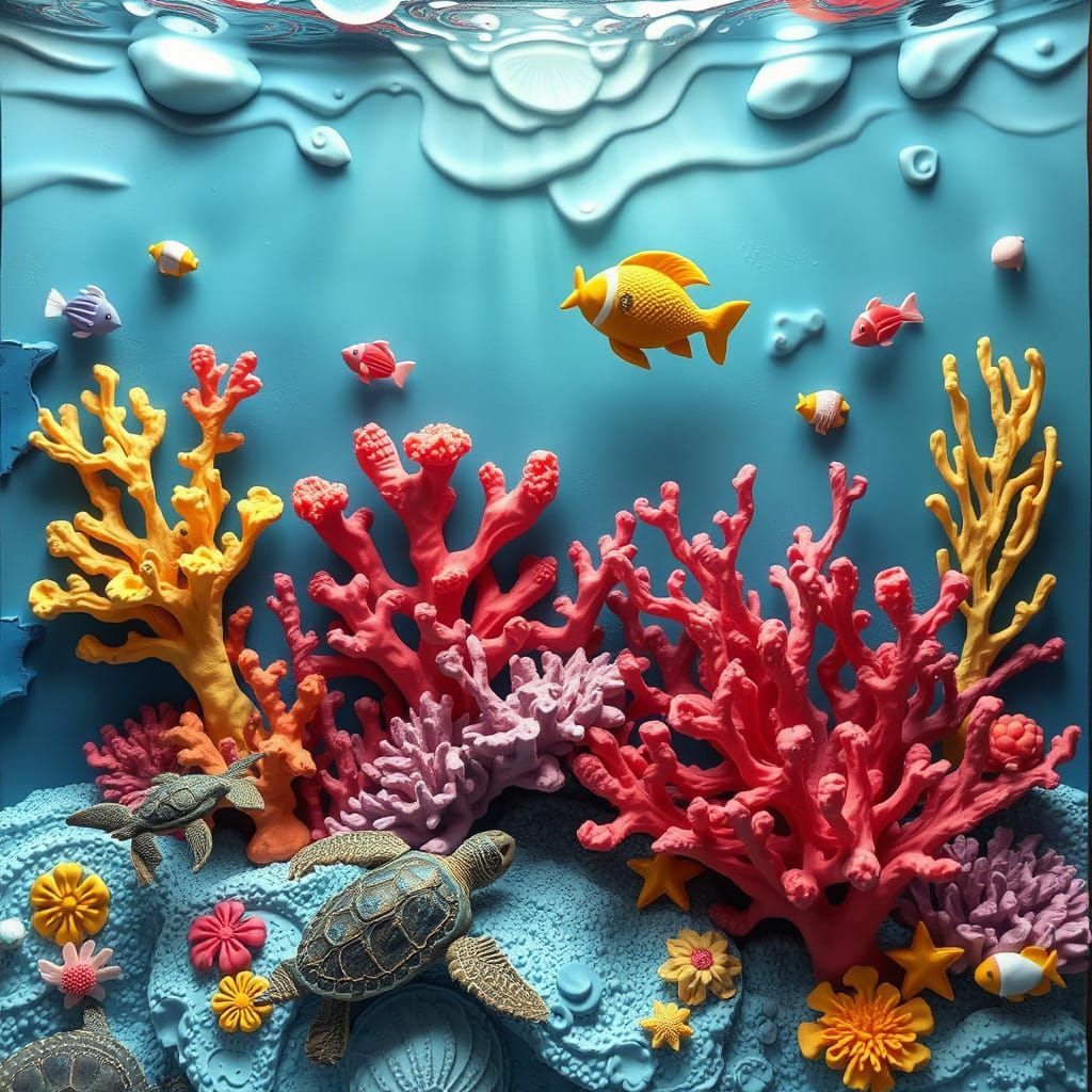 An underwater scene with vibrant, sculpted clay coral reefs, fish, and ...