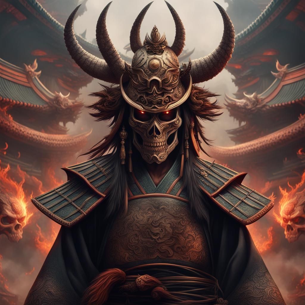 draw a samurai demonic mask with a skull in front of flying dragons ...