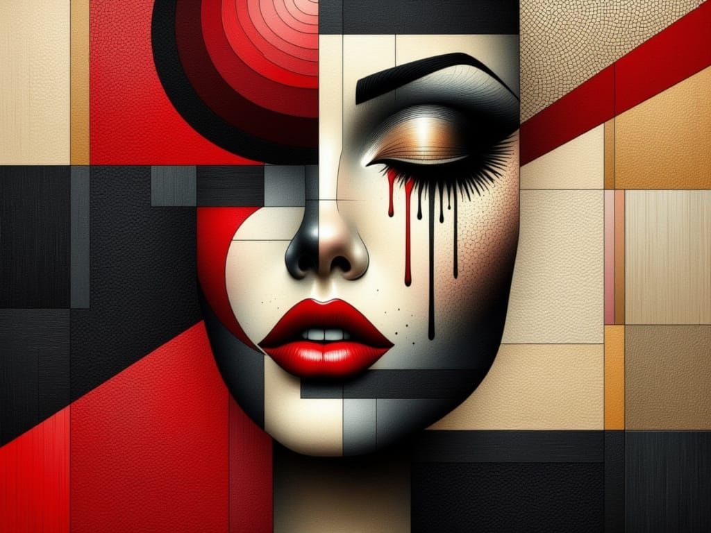 A stylized female face with bold, geometric features, divided into ...