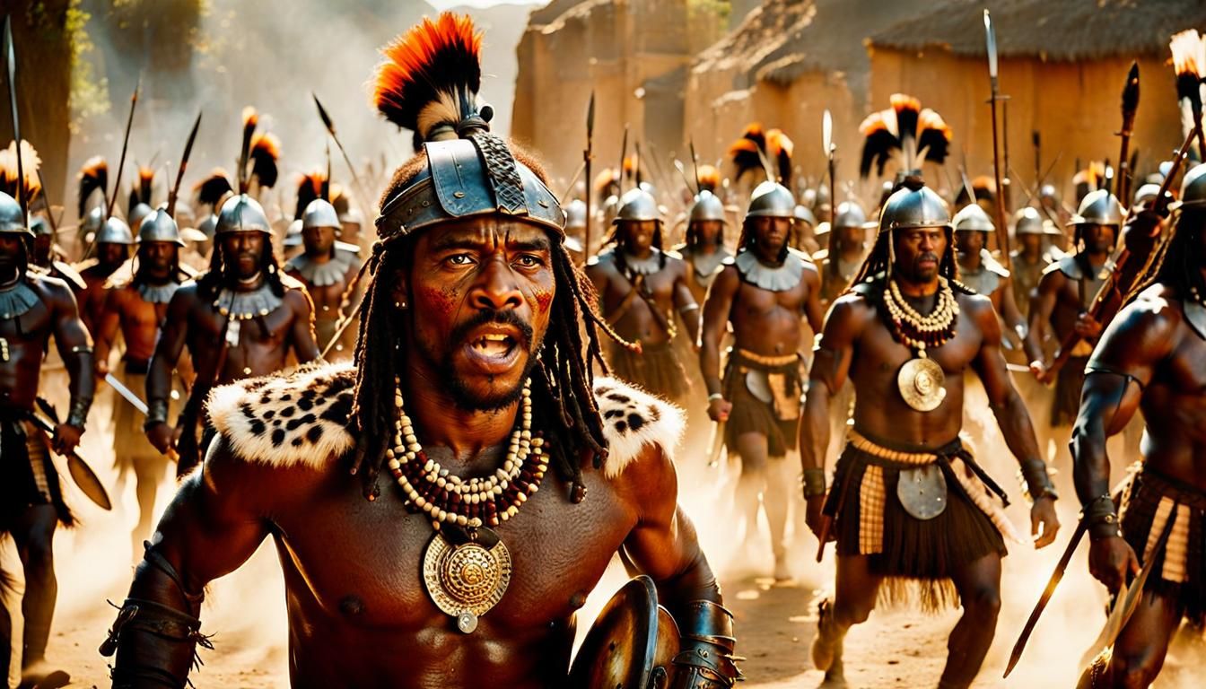 [ Cine still movie scene Portrait, ], beautiful ZULU warriors holding ...