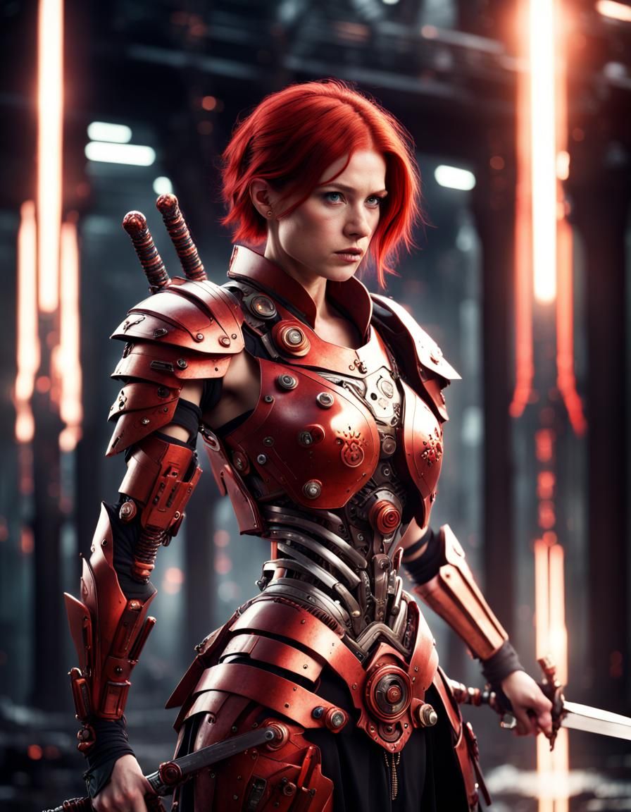 red-haired cyborg woman, swords for arms, armed Epic cinematic ...