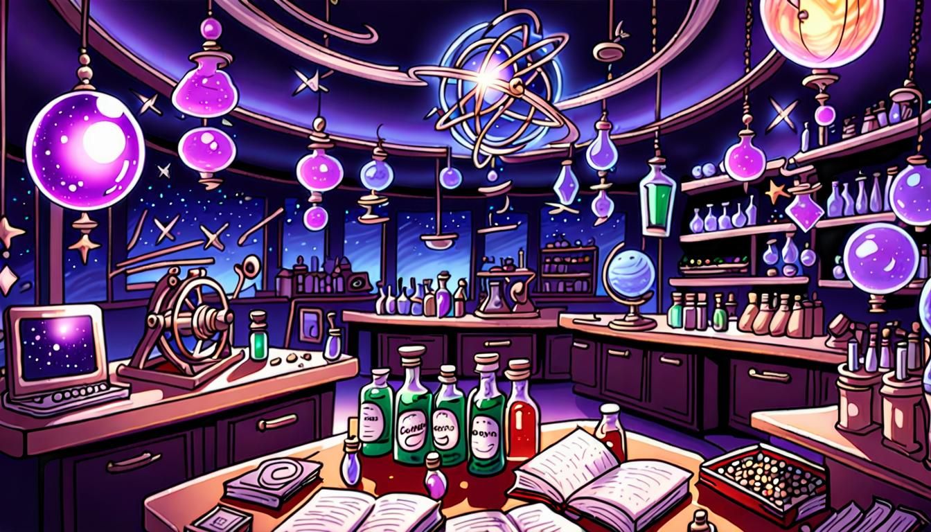 a detailed Apothecary, with a cash register, amethyst lights hanging ...