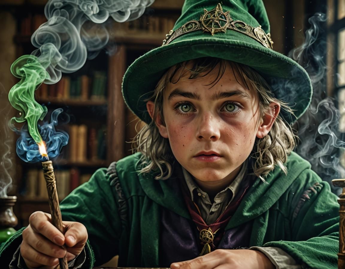 Wizard child, in class as a young wizard, wizard style cap and wand ...