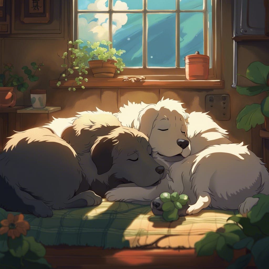 Two dogs sleeping together Studio Ghibli, Anime Key Visual, by Makoto ...