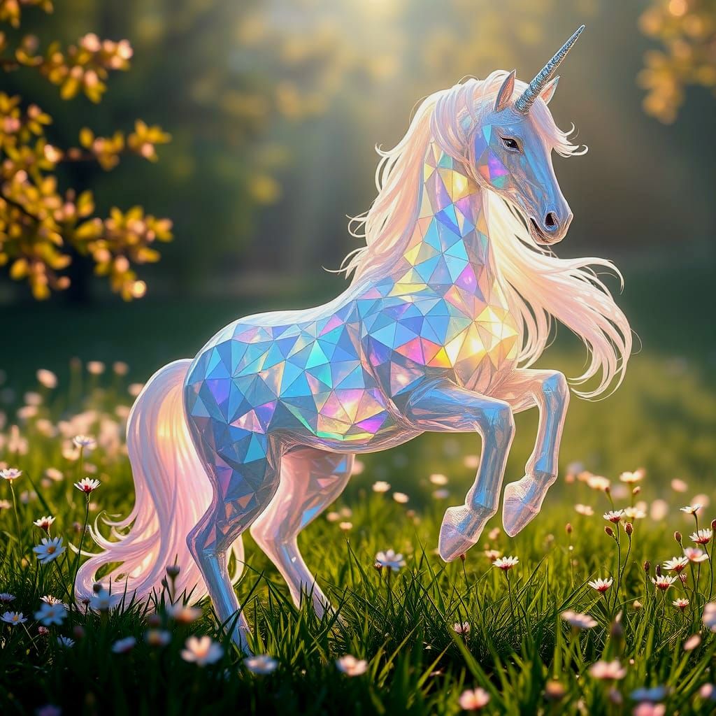 Ethereal Crystal Unicorn in Enchanted Glasswork Me... - AI Art