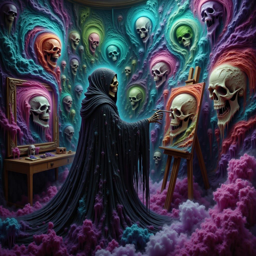 Gothic Grim Reaper Paints Macabre Self-Portraits i... - AI Art
